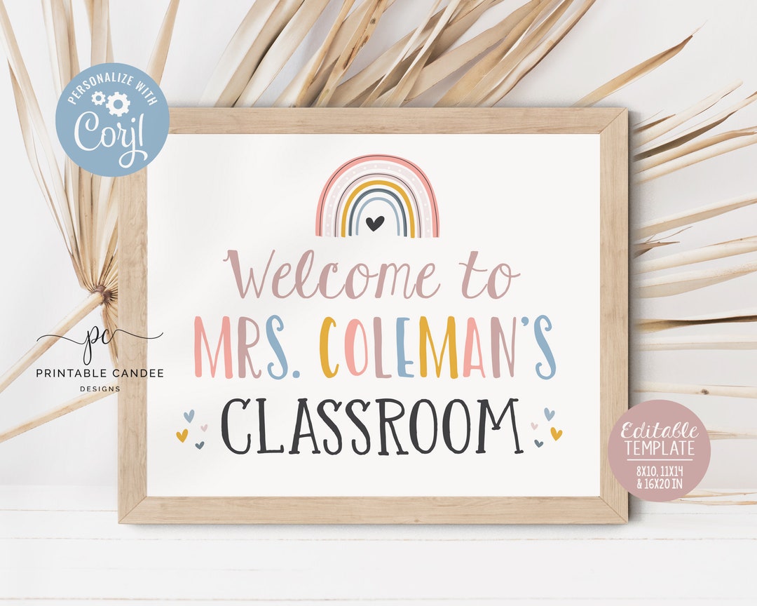 Editable Teacher Name Sign Template Classroom Decor Neutral Rainbow ...