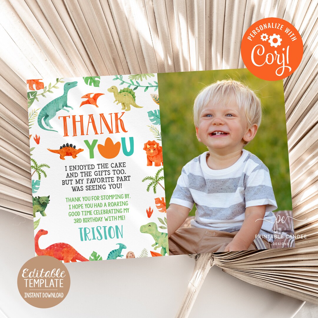 Editable Boy Dinosaur Birthday Thank You Dino Theme White Instant ...