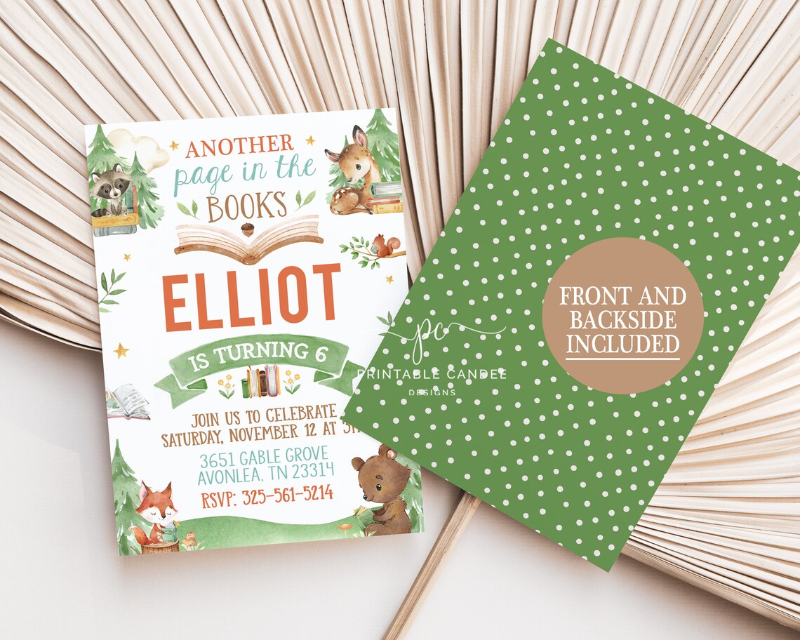 Editable Book Birthday Invitation Boy Woodland Library Themed Invite ...