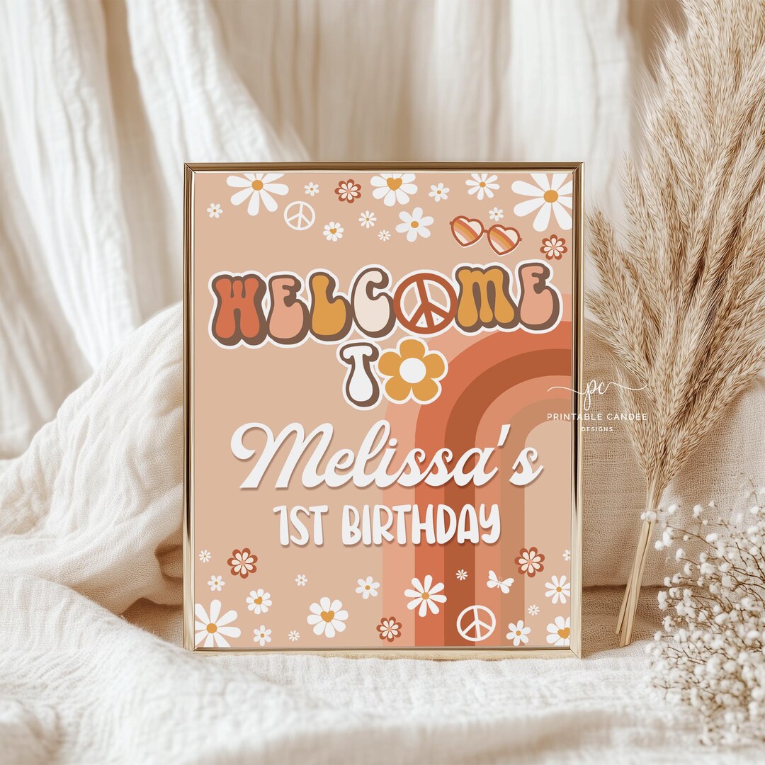 Editable Groovy Birthday Welcome Sign Daisy Rainbow Groovy Birthday ...