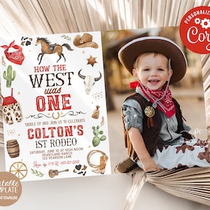 Editable How the West Was One Birthday Invitation Cowboy Red 1st Rodeo ...