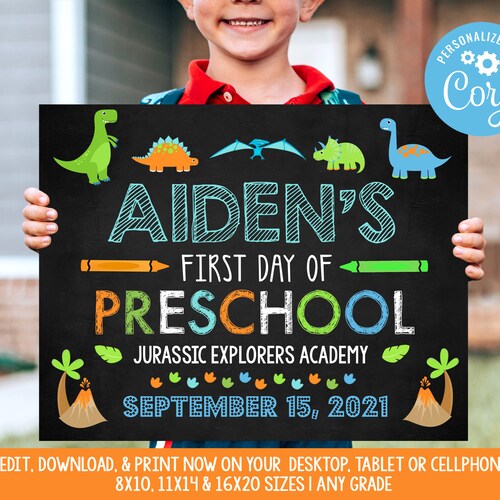 Dinosaur First Day of Preschool Sign Template Boy First Day of - Etsy