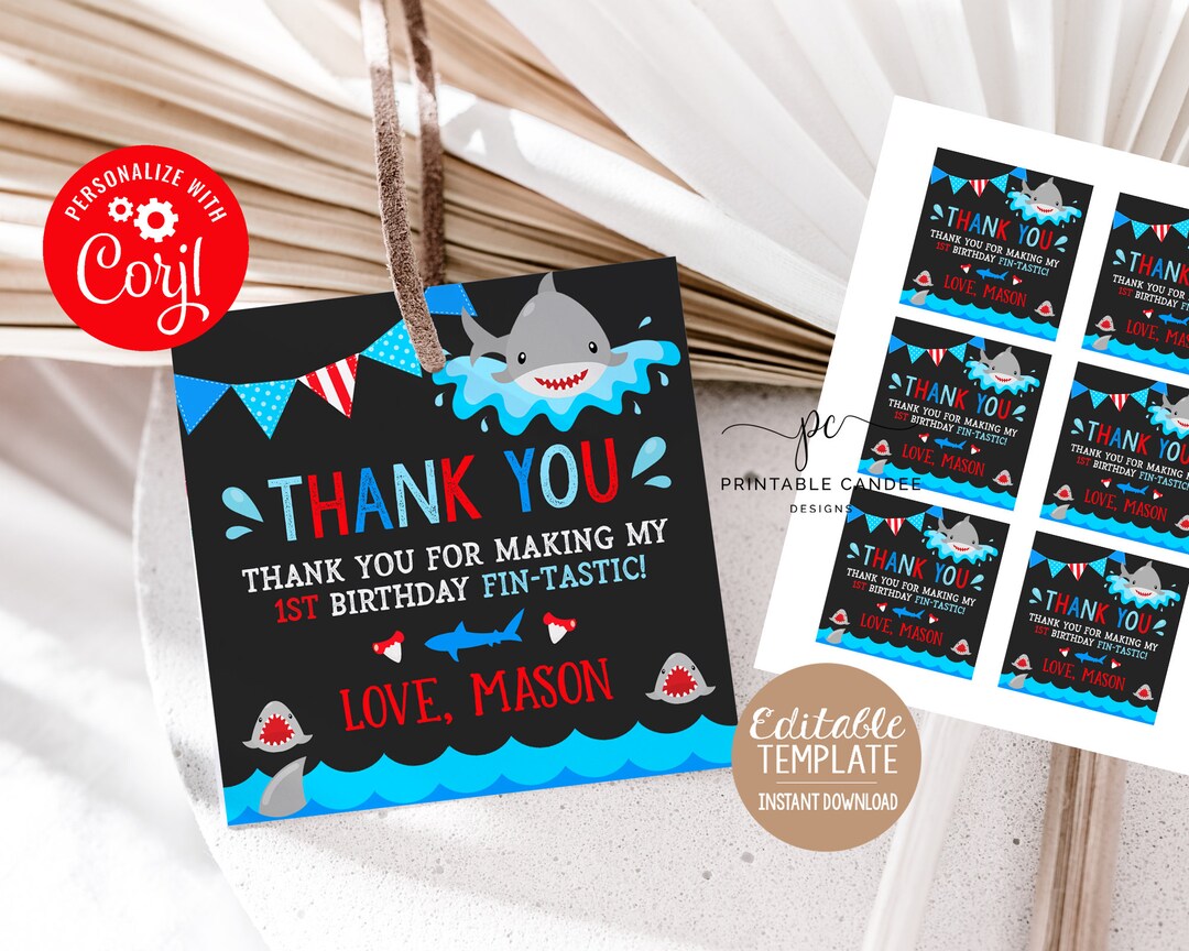 Editable Shark Favor Tags Red Blue Sharks Party Decor Pool Theme Gift ...