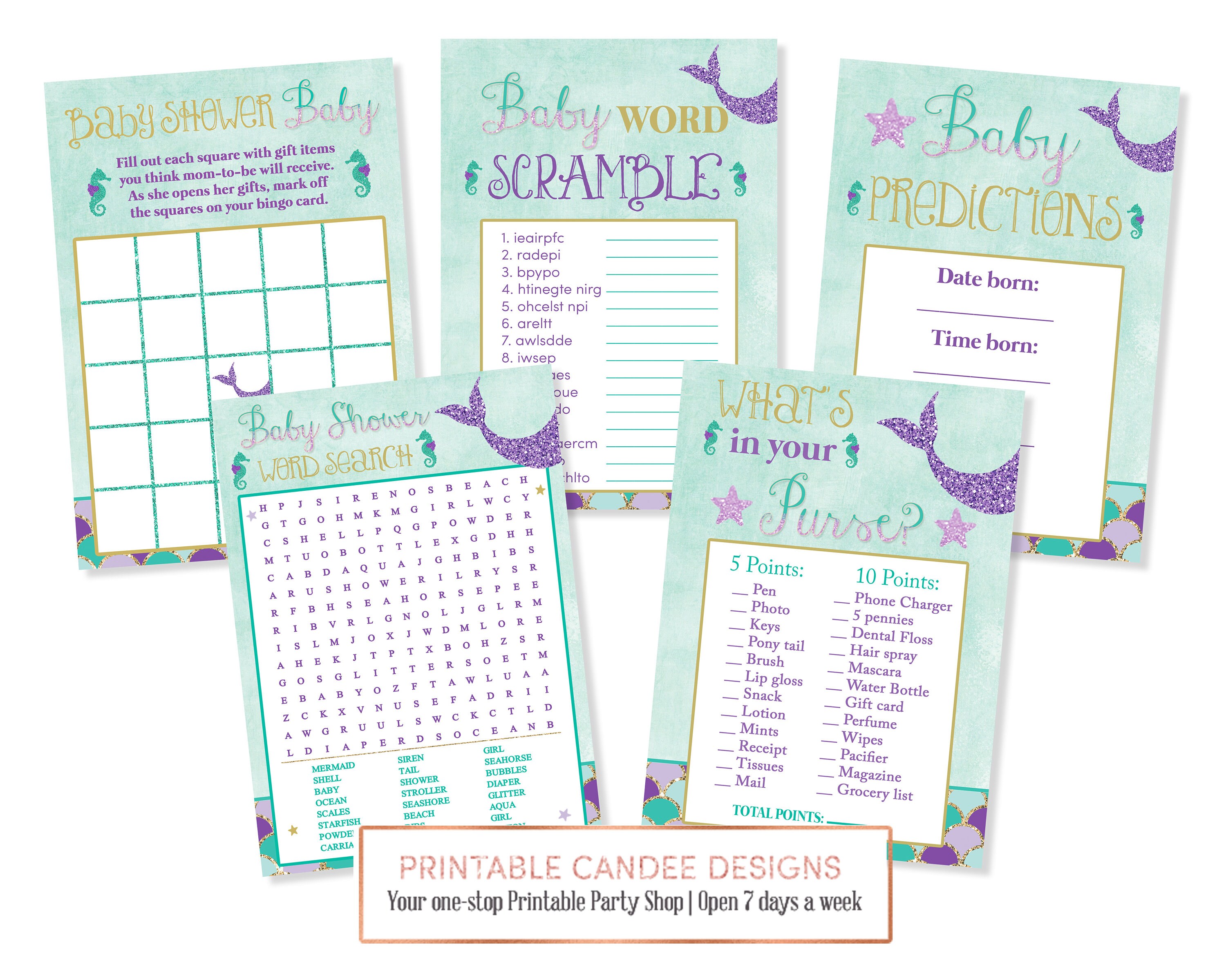 Mermaid Baby Shower Games, Under the Sea Shower, Baby Shower Bingo ...