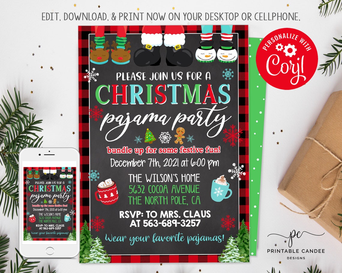 Christmas Pajama Invitation Holiday Hot Cocoa Pjs Cookie Party - Etsy