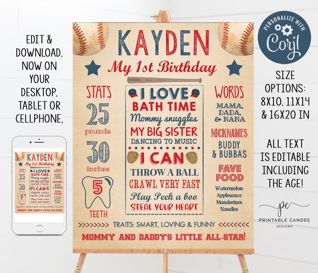 Baseball First Birthday Stats Sign Milestone Sports Chalkboard Party ...