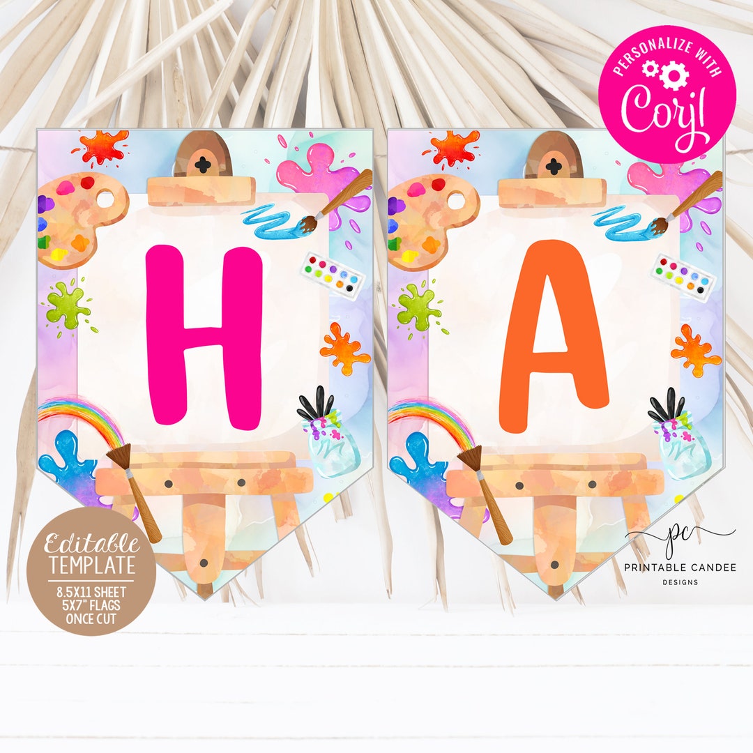 Art Birthday Party Flags Template Painting Party Decor Rainbow Artist ...