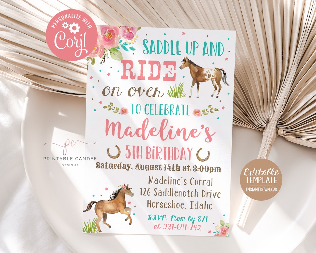 Girl Horse Birthday Invitation Party Invite Floral Pink Aqua Theme ...