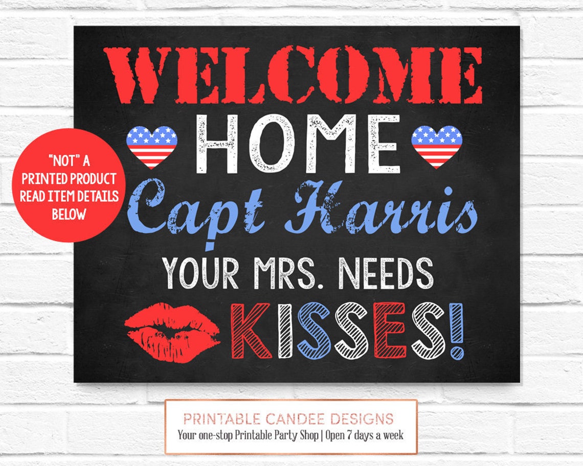 Welcome Home Wife Spouse Husband Sign Red White Blue Kisses | Etsy