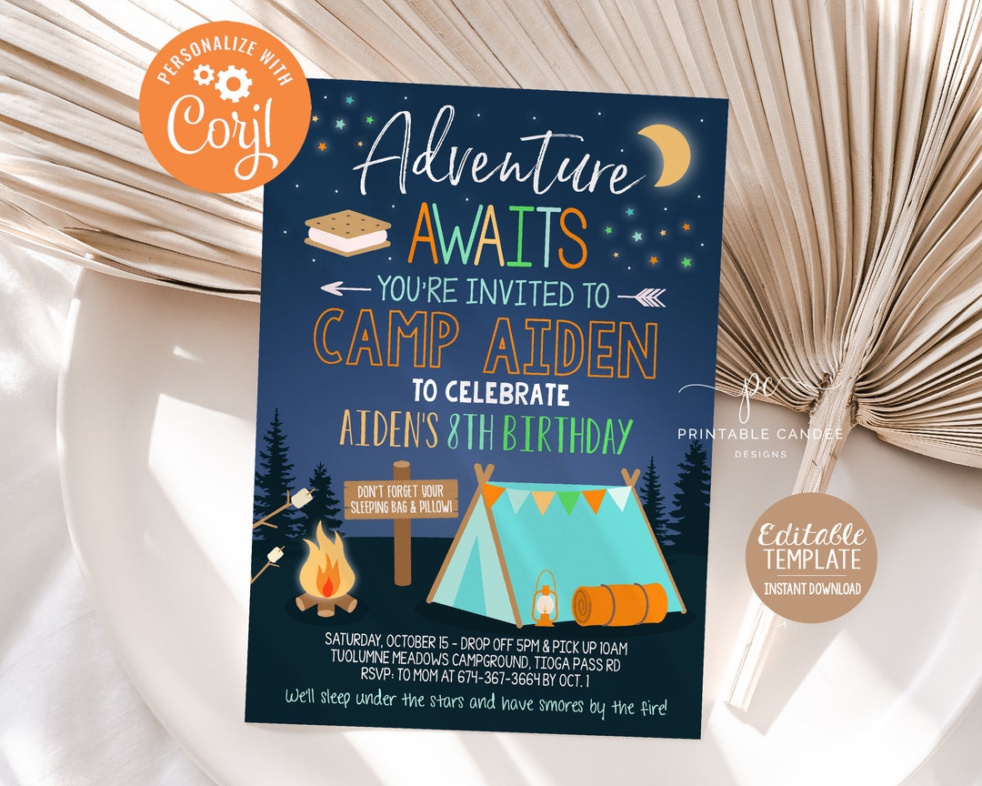Camping Invitation Editable Birthday Invite Sleepover Party Outdoor ...