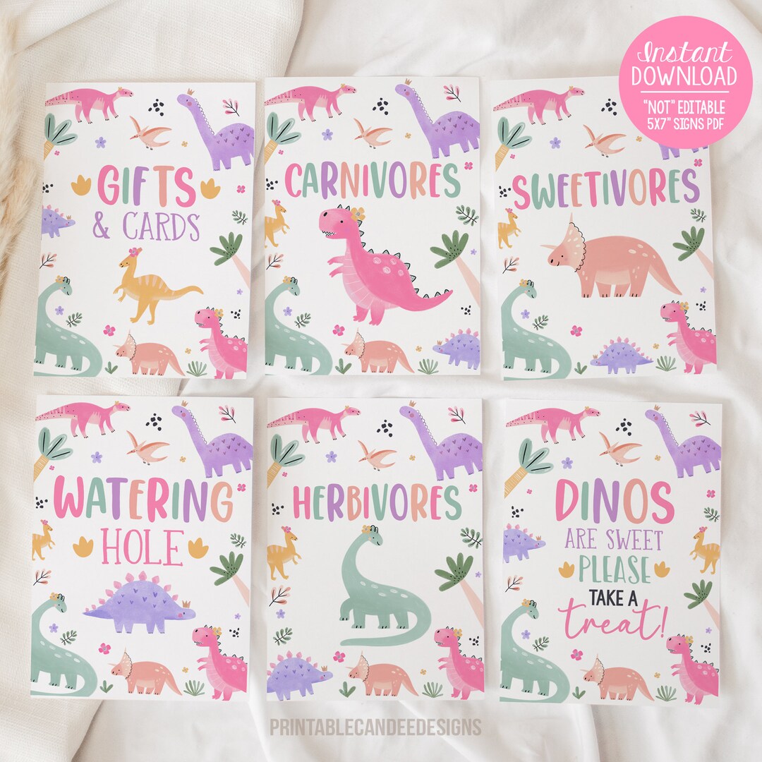 Pastel Dinosaur Party Signs Girl Dino Birthday Party Decor Table Food ...