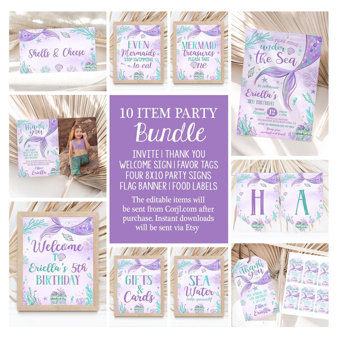 Mermaid Birthday Party Bundle Teal Purple Gold Favors Signs Mermaids ...