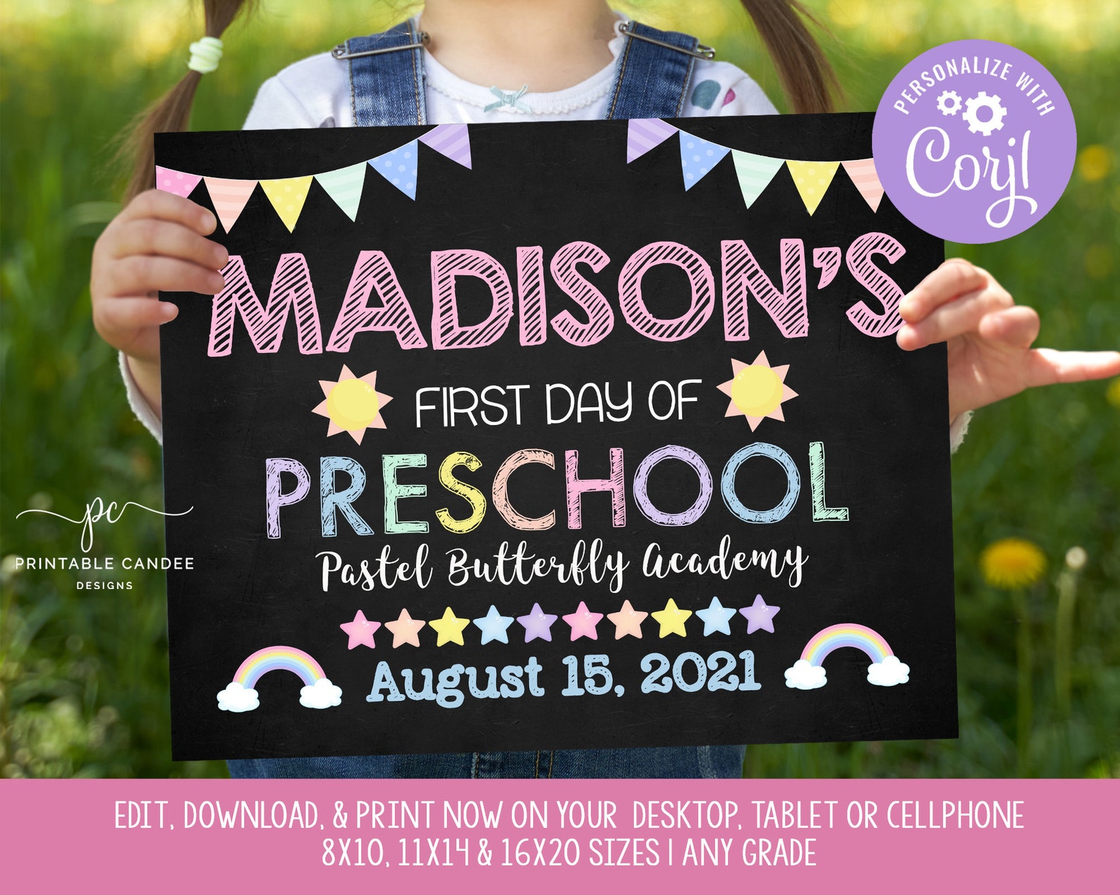 Rainbow First Day of Preschool Sign Template Girl First Day of | Etsy