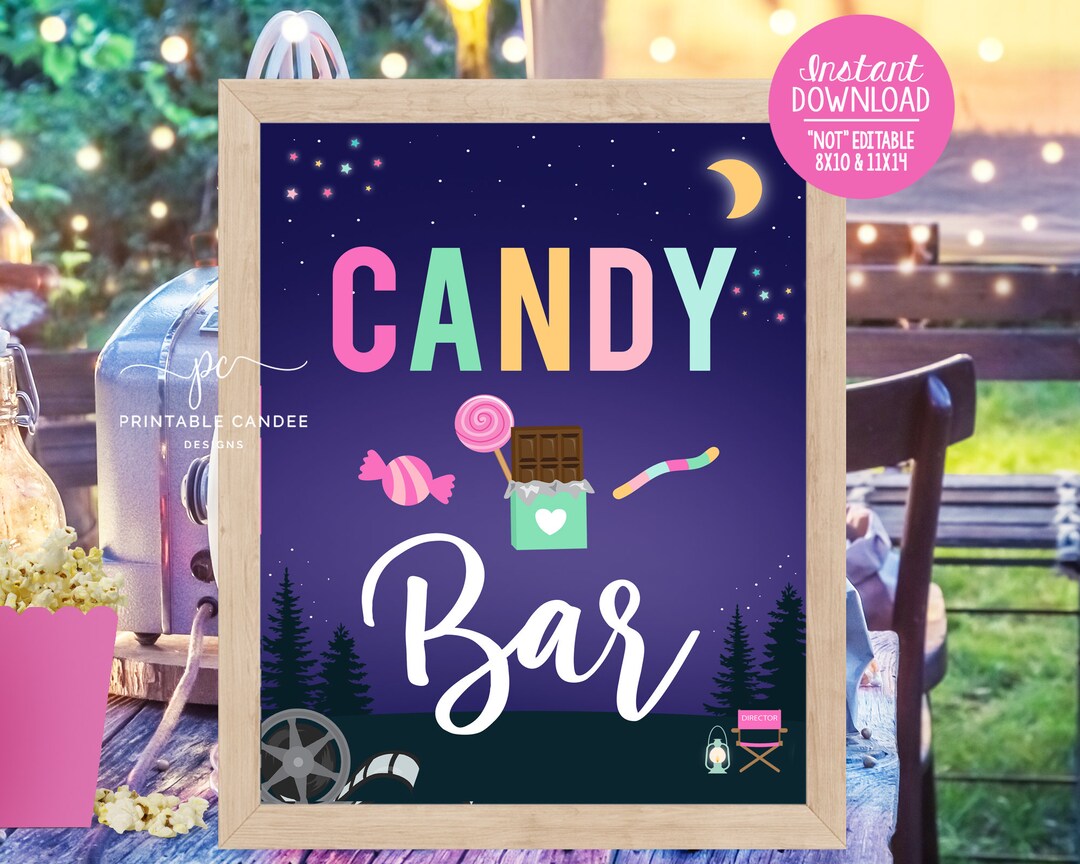 Backyard Movie Night Candy Bar Sign Outdoor Movie Birthday Party Food Table Decor Girl Sleepover ...