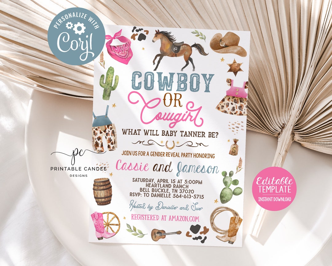 Editable Cowgirl or Cowboy Gender Reveal Invitation Boy or Girl Wild ...