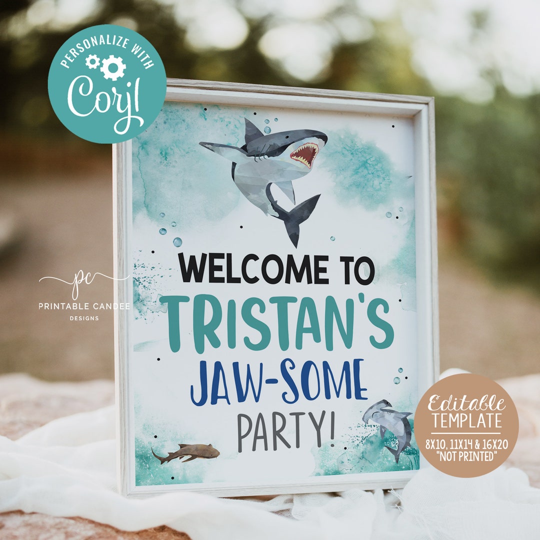 Editable Shark Welcome Sign Summer Boy Birthday Ocean Party Theme Table ...