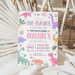 Pastel Dinosaur 1st Birthday Invitation Girl Oneasaurus Rex Party ...