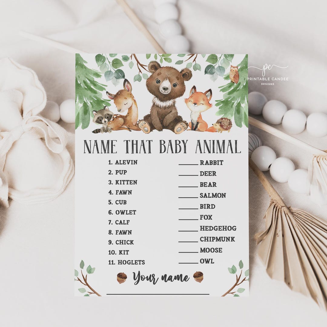 Woodland Baby Shower Name That Baby Animal Game Greenery Printable ...