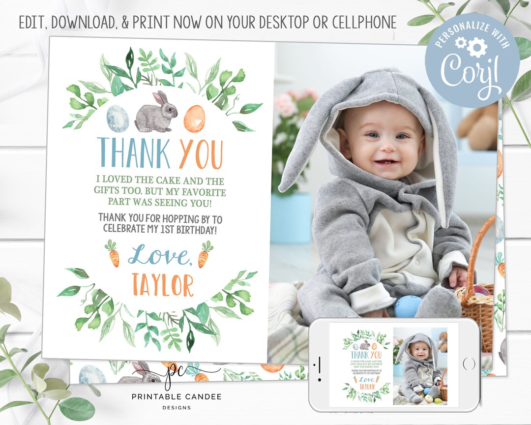 Easter Thank You Boy Bunny Editable Bunny Photo Thank You Blue Spring ...