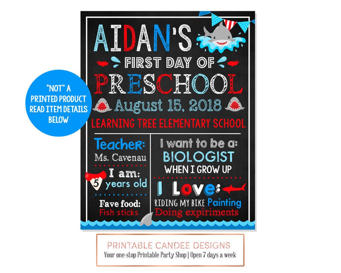 Shark First Day of Preschool Sign 1st Day of Kindergarten Back | Etsy