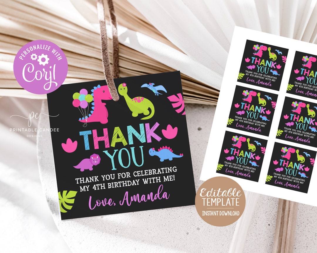 Editable Dinosaur Favor Tags Girl Dino Birthday Party Theme Favors ...