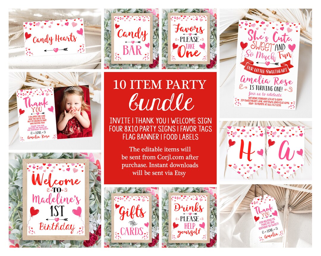 Editable Girl Valentine Party Bundle Sweetheart Theme Birthday Decor ...