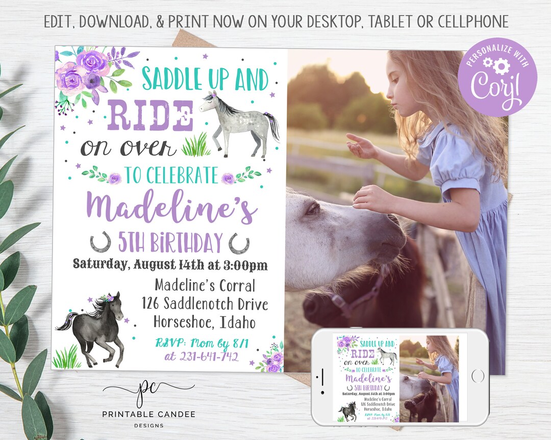 Girl Horse Birthday Invitation Party Invite Floral Purple Aqua - Etsy