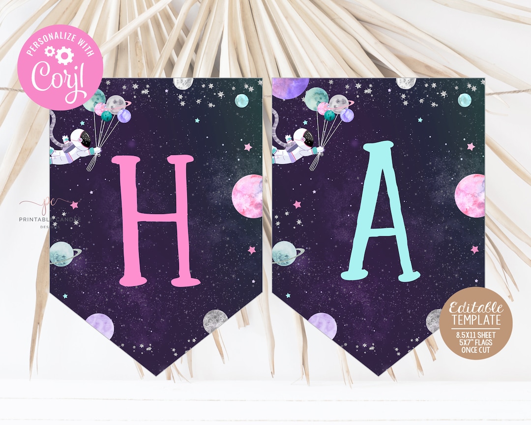 Editable Space Flag Banner Editable Party Flags Astronaut Girl Pink ...