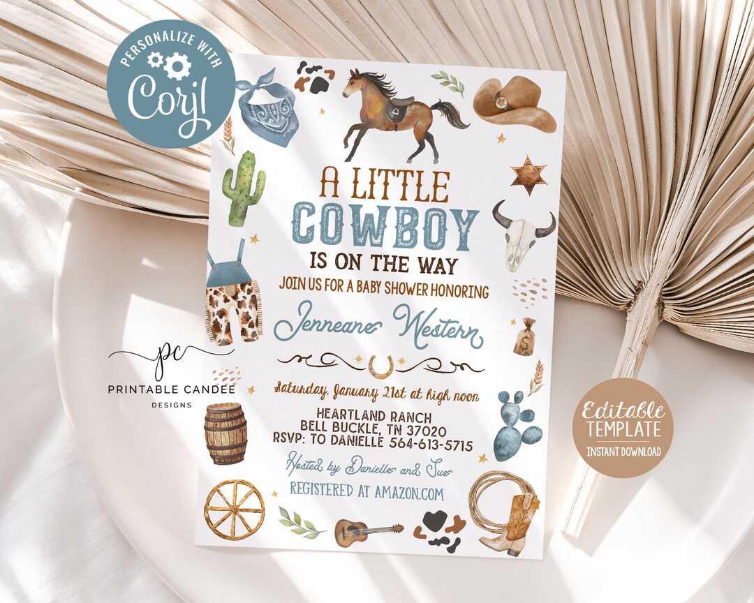 Editable Cowboy Baby Shower Invitation Blue Little Cowboy Invite Wild ...