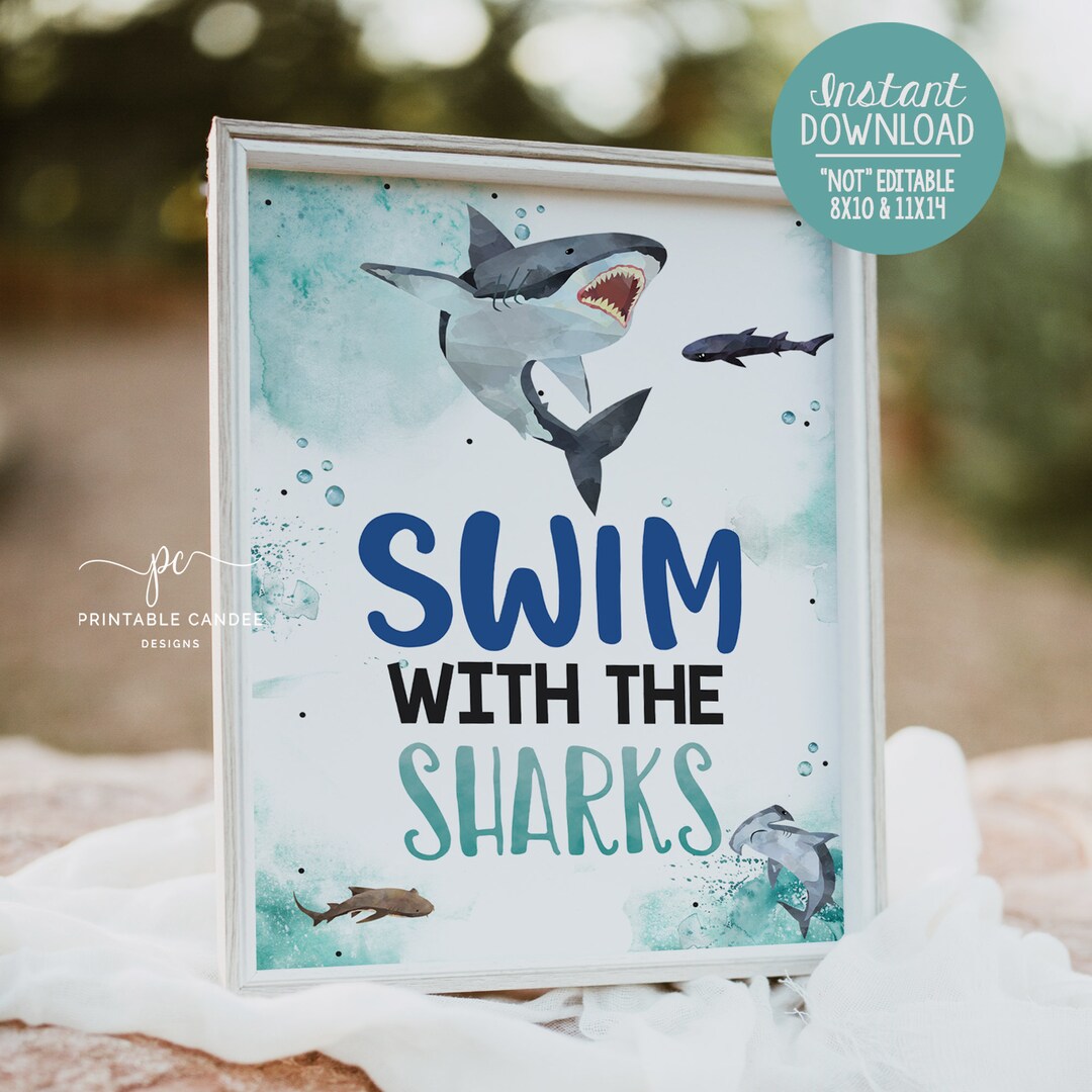 Shark Swim Pool Sign Summer Boy Birthday Ocean Party Theme Table Sign ...