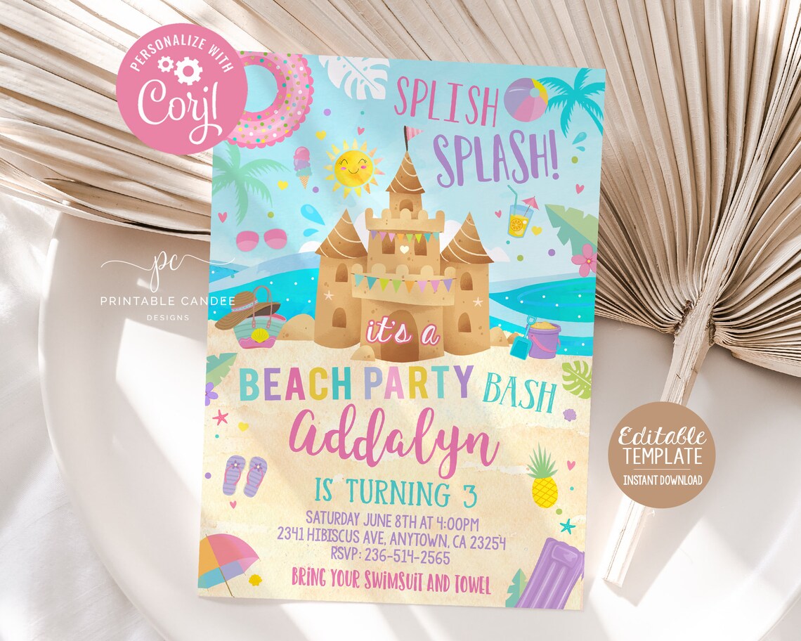 Beach Party Invitation Editable Girl Summer Birthday Invite Template ...