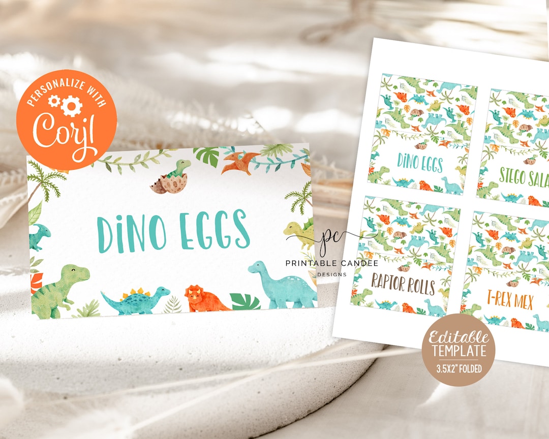 Dinosaur Food Tent Signs Baby Shower Birthday Party Orange Green Blue ...