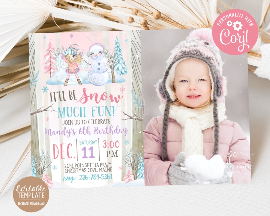 Editable Snowman Birthday Invitation Girl Winter Birthday Pink Purple ...