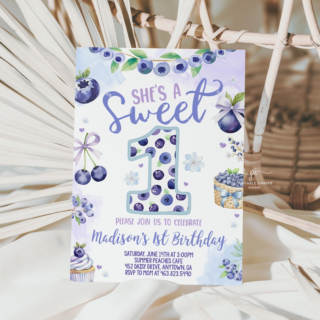 Editable Sweet One Blueberry First Birthday Invitation Blueberries 1st ...
