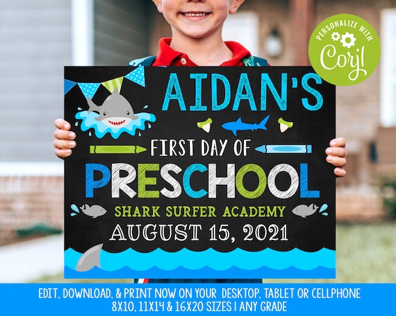First Day of Preschool Sign Template Shark Boy First Day of | Etsy