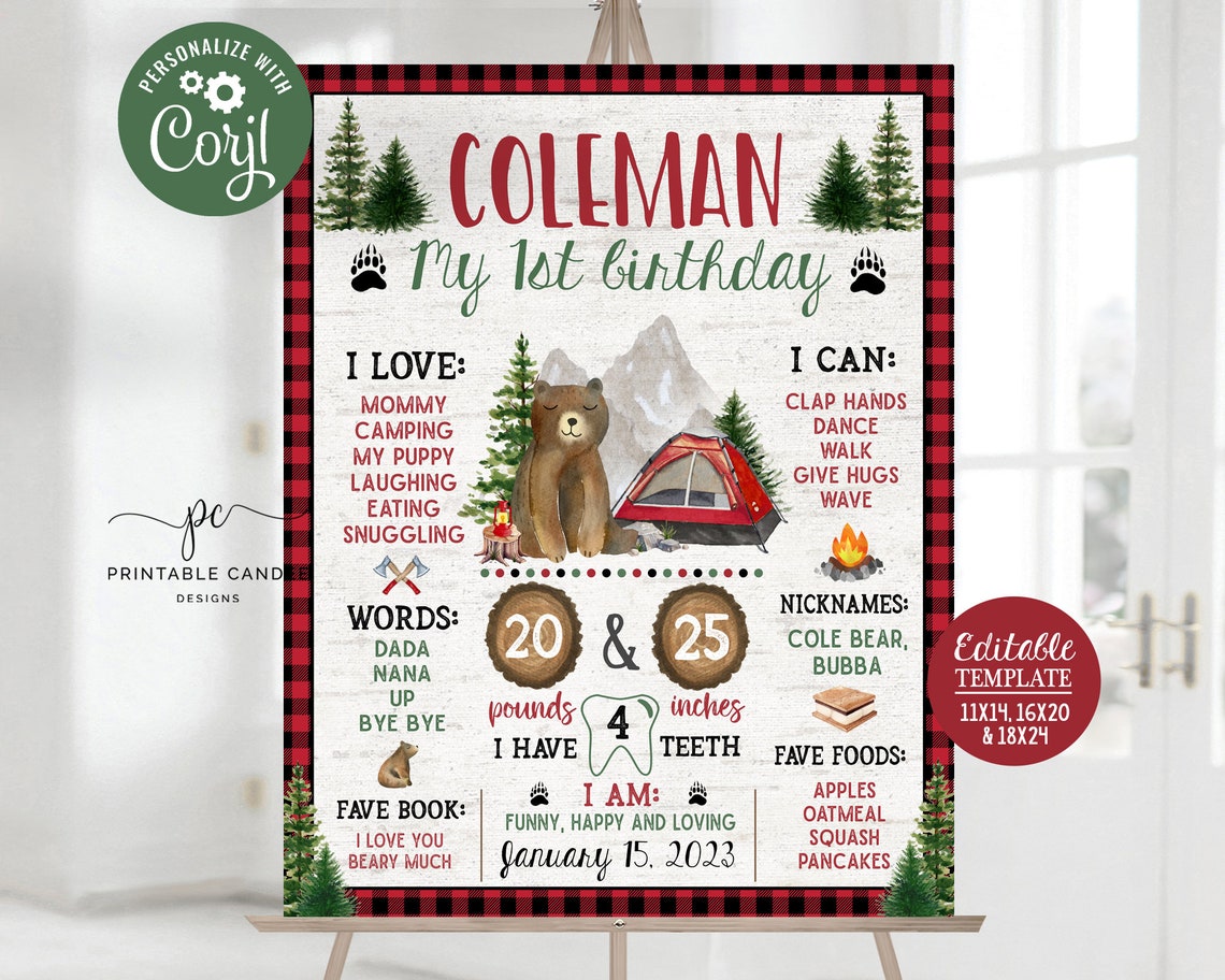 Editable Camping First Birthday Stats Sign Red Lumberjack Chalkboard ...