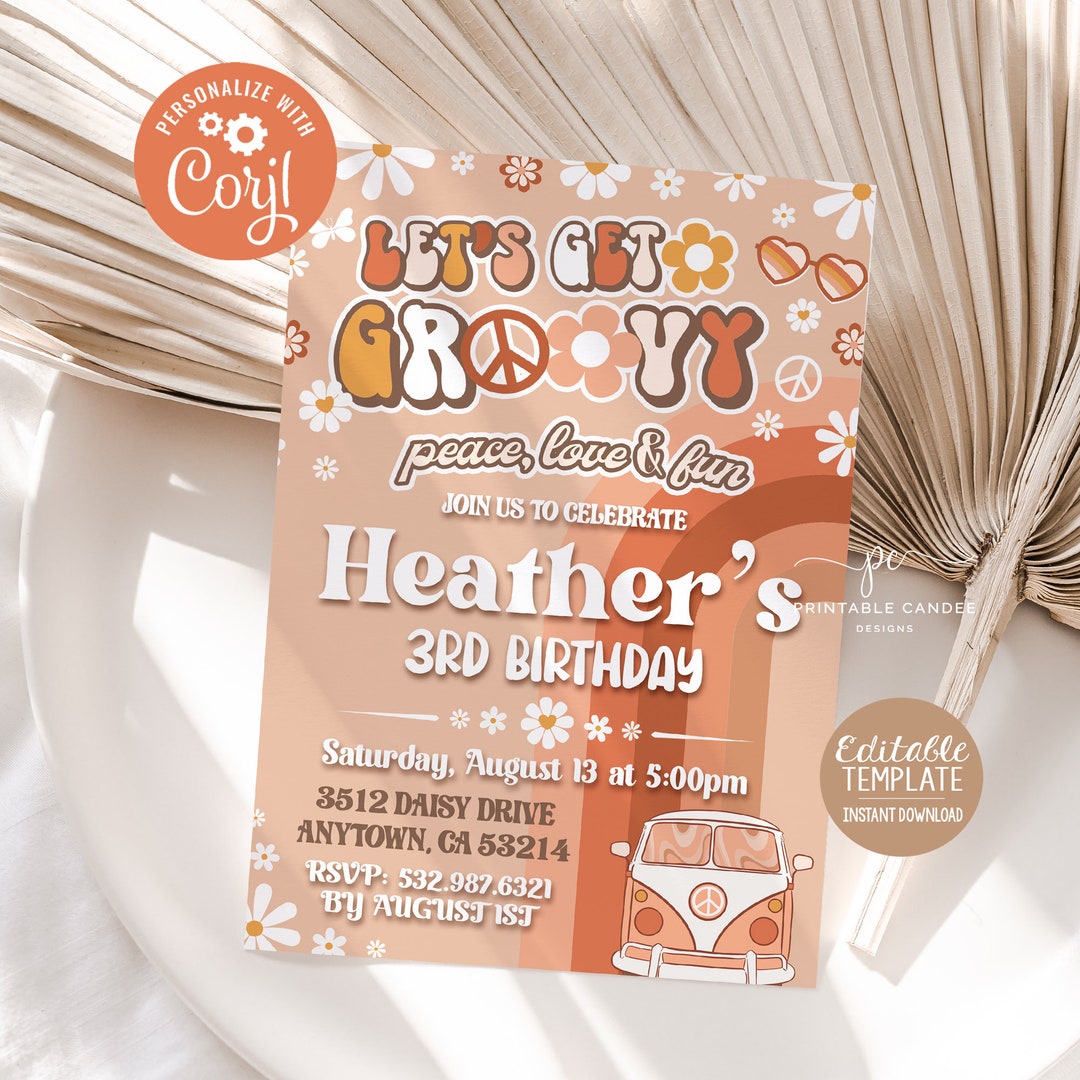 Editable Groovy Invite Retro Birthday Invitation Template Daisy Rainbow ...