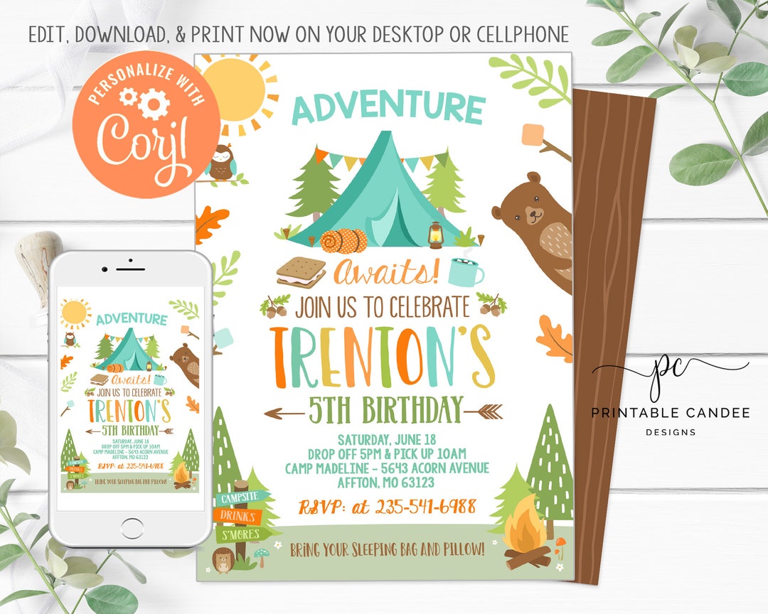 Camping Invitation Editable Birthday Invite Sleepover Party Boy ...