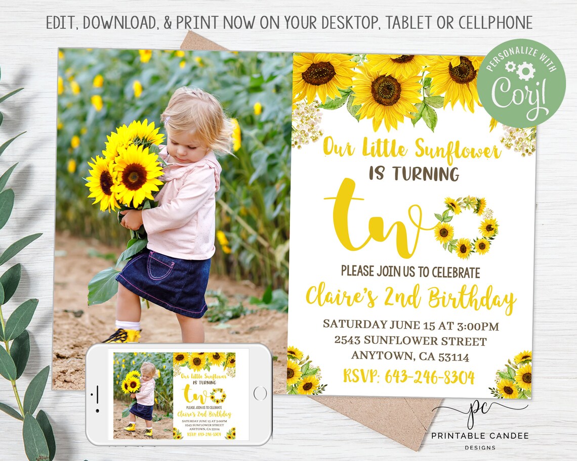 Sunflower 2nd Birthday Invitation Floral Party Invite Summer | Etsy