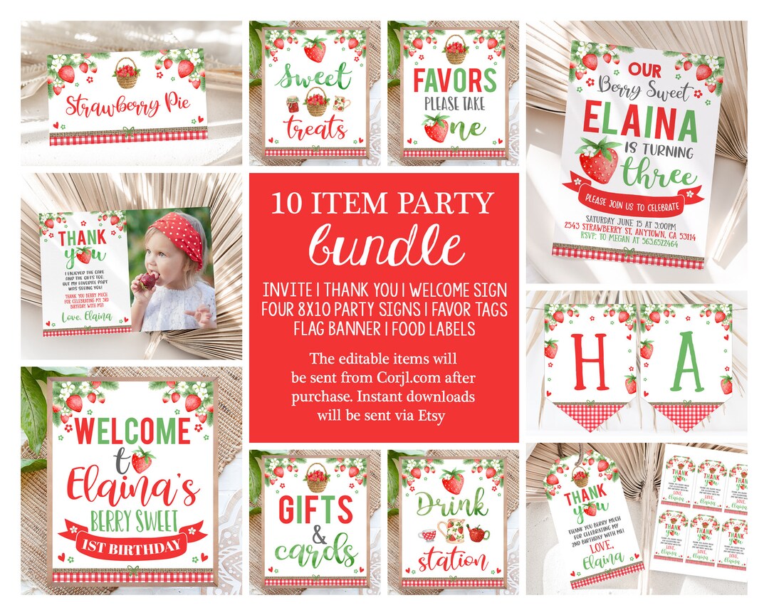 Editable Strawberry Party Bundle Strawberries Theme Birthday Decor ...