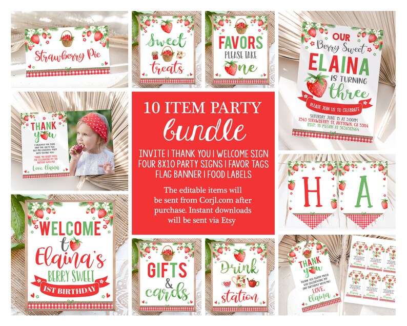 Editable Strawberry Party Bundle Strawberries Theme Birthday Decor ...