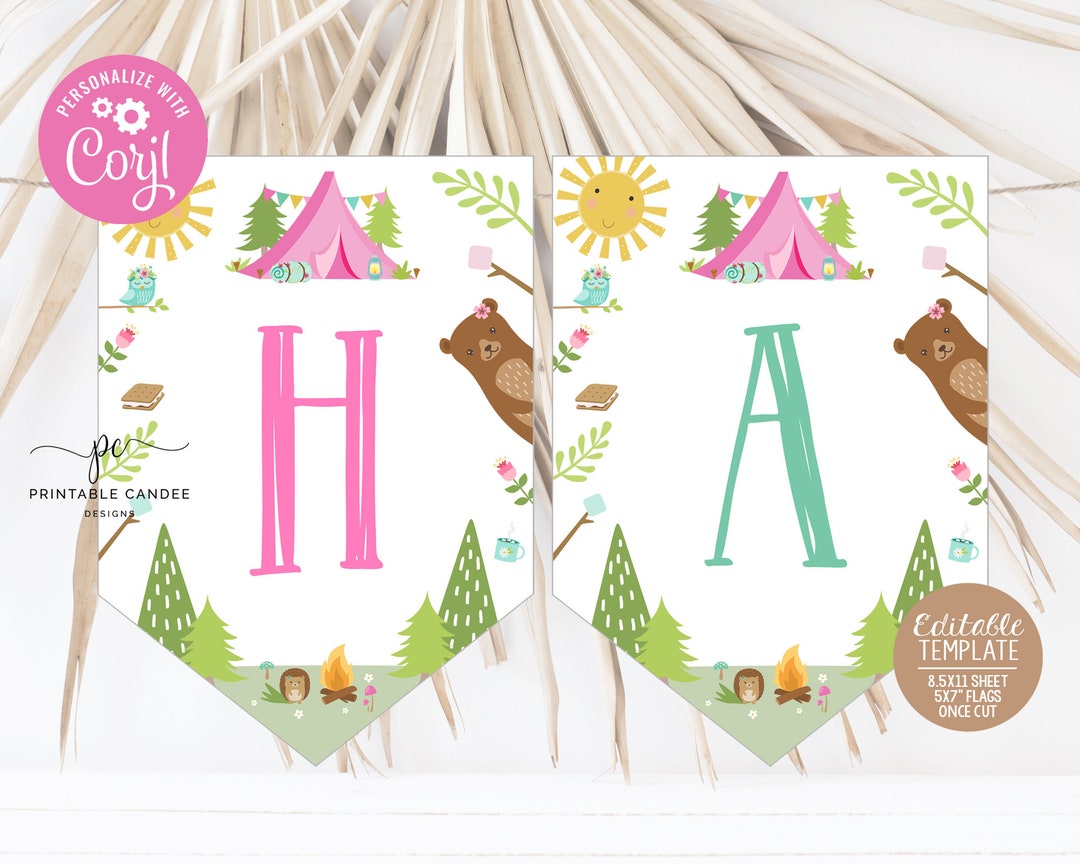 Girl Camping Party Flags Woodland Editable Flag Banner Sleepover Party ...