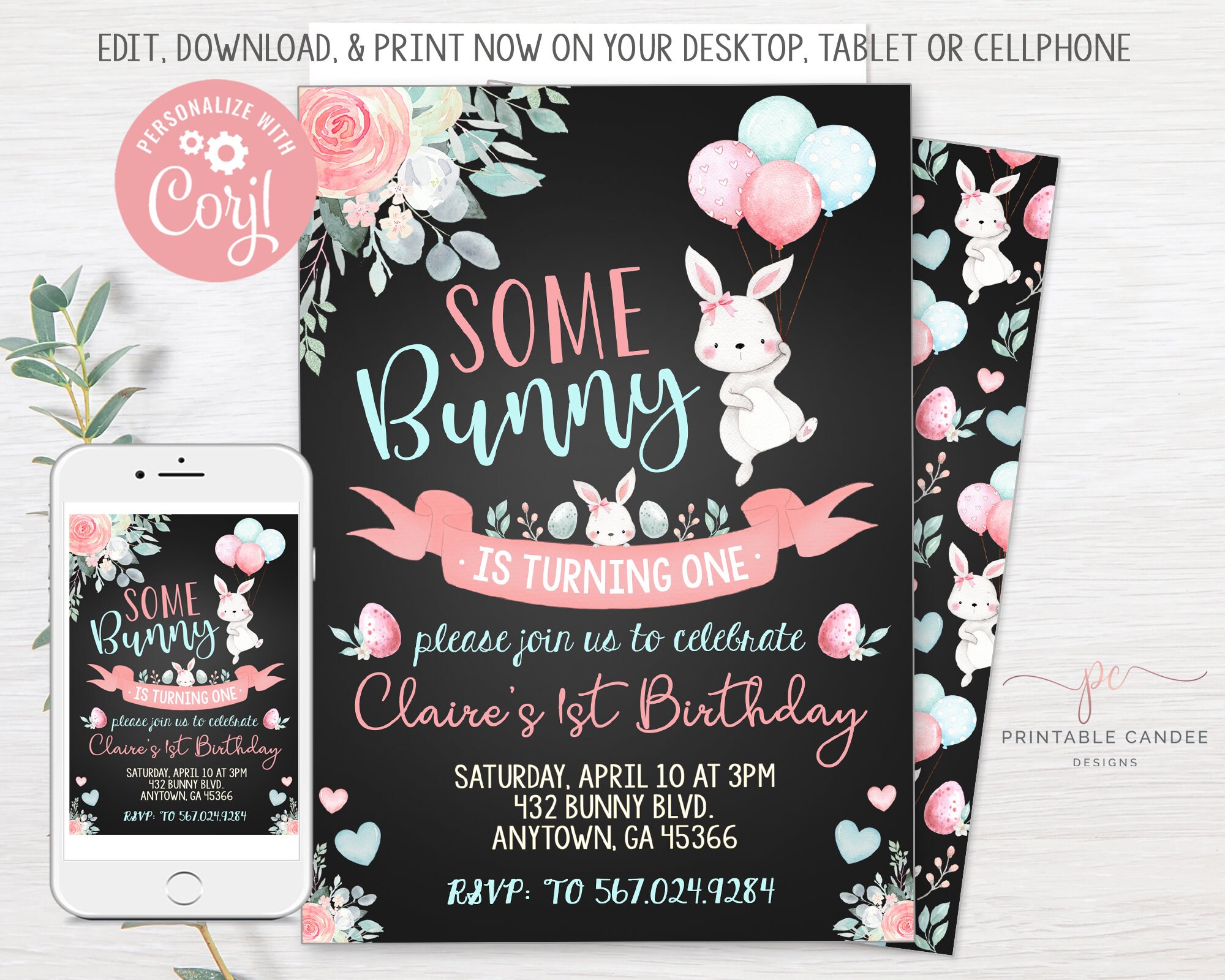 Bunny Birthday Invitation Editable Bunny 1st Birthday Invite | Etsy