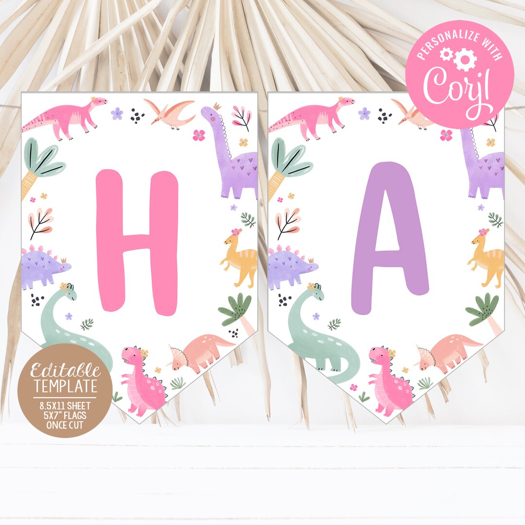 Pastel Dinosaur Editable Party Flags Girl Dino Birthday Flag Banner ...