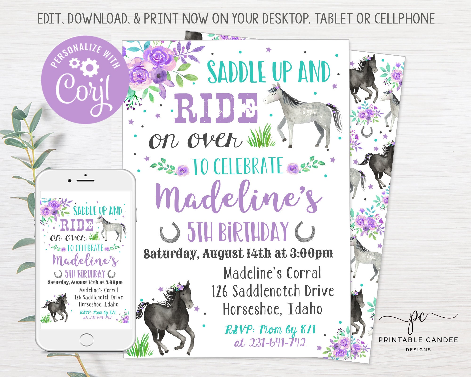 Girl Horse Birthday Invitation Party Invite Floral Purple Aqua - Etsy