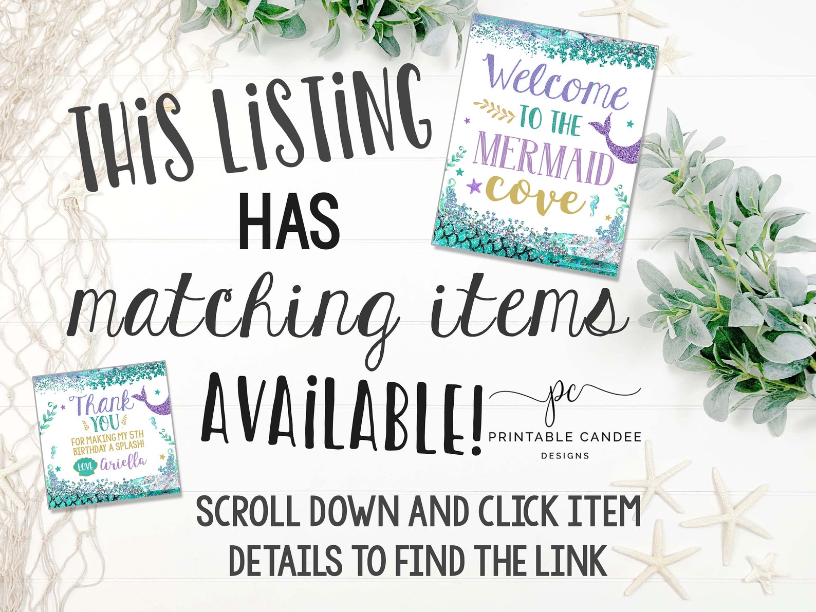 Mermaid Food Sign Purple Teal Gold Birthday Party Theme Seafood Table ...