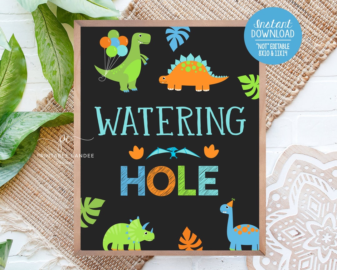 Dinosaur Drink Sign Boy Dino Birthday Blue Chalk Party Watering Hole ...
