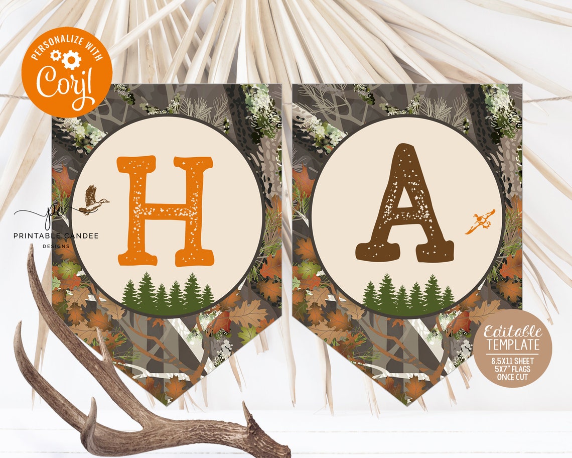Editable Hunting Party Flags Birthday Deer Camo Party Decor Flag Banner ...