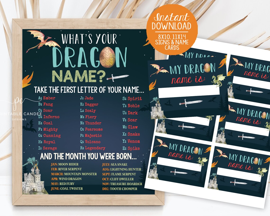 Dragon Name Game Sign Dragon Birthday Party Printables Dragon - Etsy
