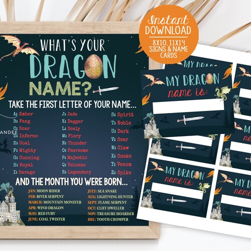 Dragon Name Game Sign Dragon Birthday Party Printables Dragon - Etsy